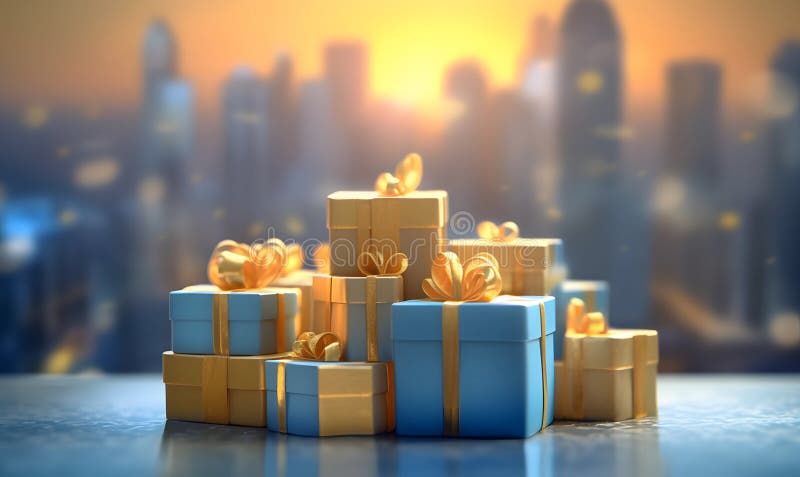 A Stack of Blue and Gold Gift Boxes. Gift Packages. Generative AI Stock ...