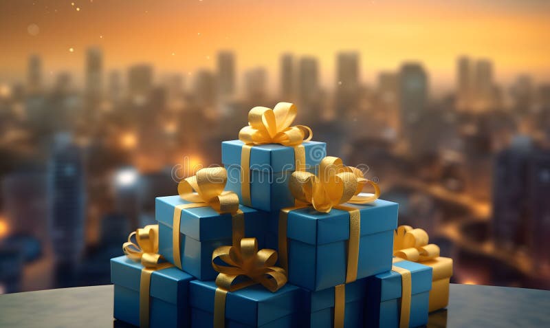 A Stack of Blue and Gold Gift Boxes. Gift Packages. Generative AI Stock ...