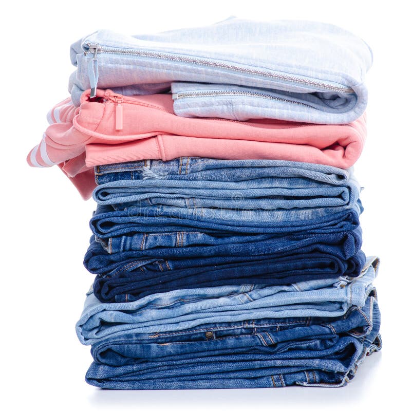 Stack Blue Jeans and Clothes Hoodie Stock Image - Image of collection ...