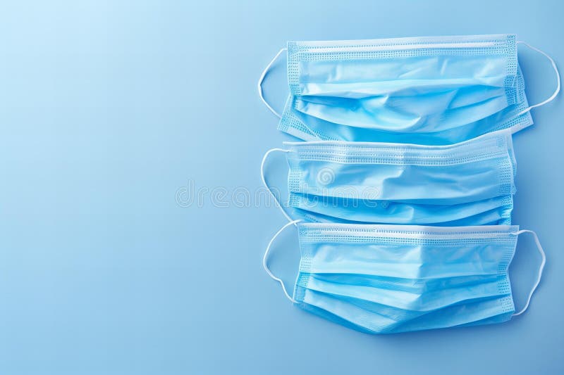 A Stack of Blue Medical Masks on Light Blue Background with Copy Space ...