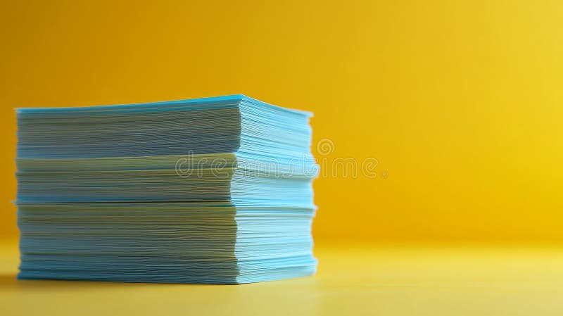 Stack of Blue Papers Against a Yellow Background Stock Image - Image of ...