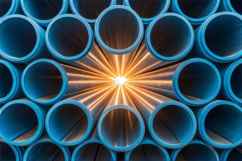 Stack of Blue Plastic Pipes with Centered Light Radiating through Stock ...