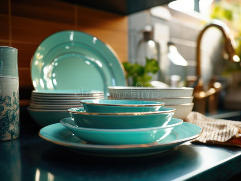 Stack of Blue Plates and Bowls on Counter Stock Photo - Image of blue ...
