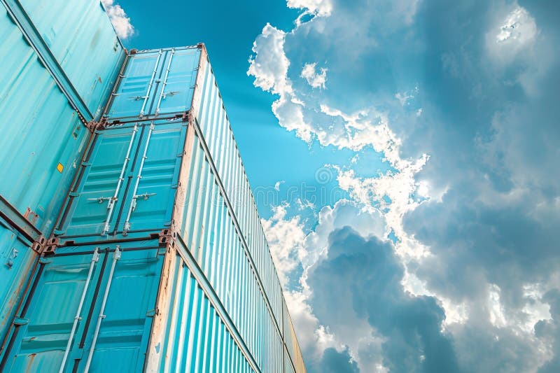 Stack of Blue Shipping Containers Against a Cloudy Sky Stock ...