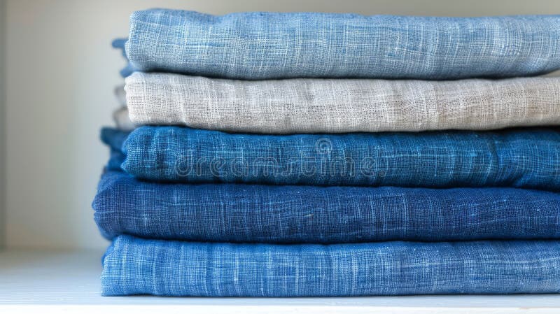 Stack of Blue and White Folded Linen Fabric on a Shelf. Stock Image ...