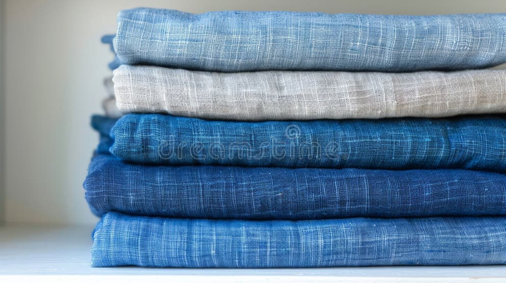 Stack of Blue and White Folded Linen Fabric on a Shelf. Stock Image ...