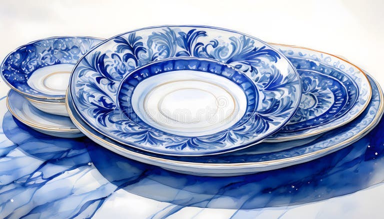 A Stack of Blue and White Patterned Plates, Painted in a Watercolor ...