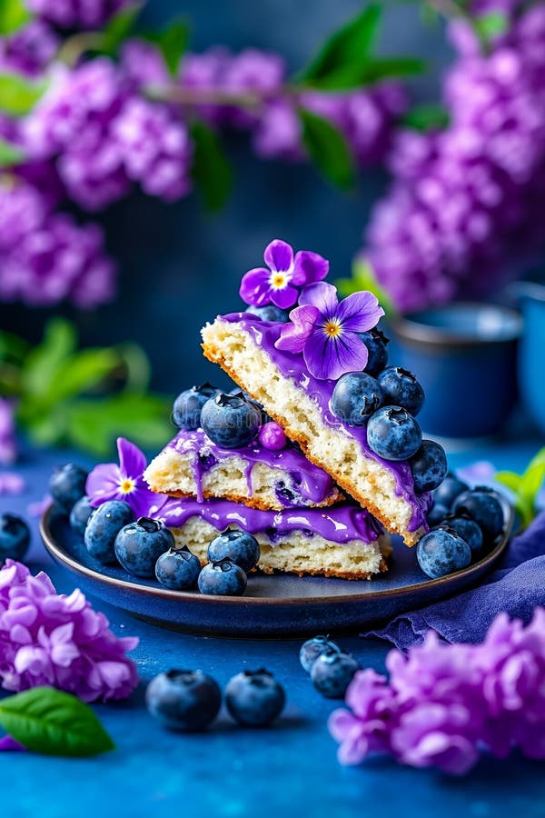 A Stack of Blueberry Cake with Purple Icing and Blueberries on a Plate ...