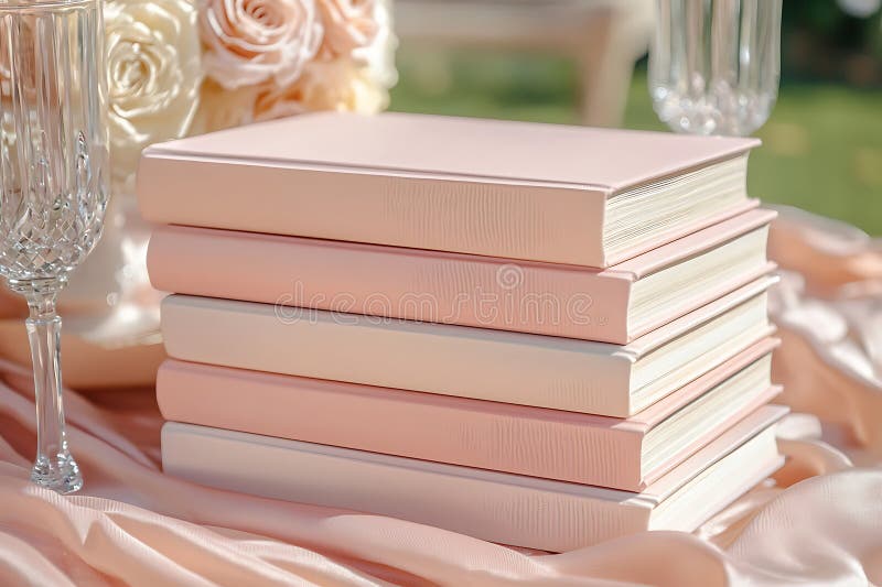 Stack of Blush Pink Books on a Silk Fabric with Crystal Glasses Stock ...