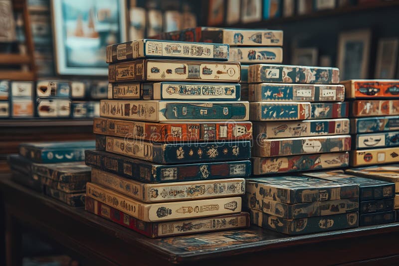 A Stack of Board Game Boxes on Display, Each Box Featuring Unique ...