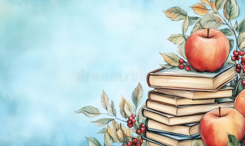 Stack of Books Adorned with Apples and Leaves, Showcasing a Blend of ...