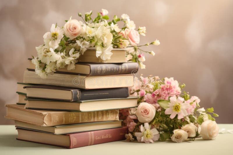 Stack of Books Adorned with Fresh Flowers. Concept of Relaxation and ...
