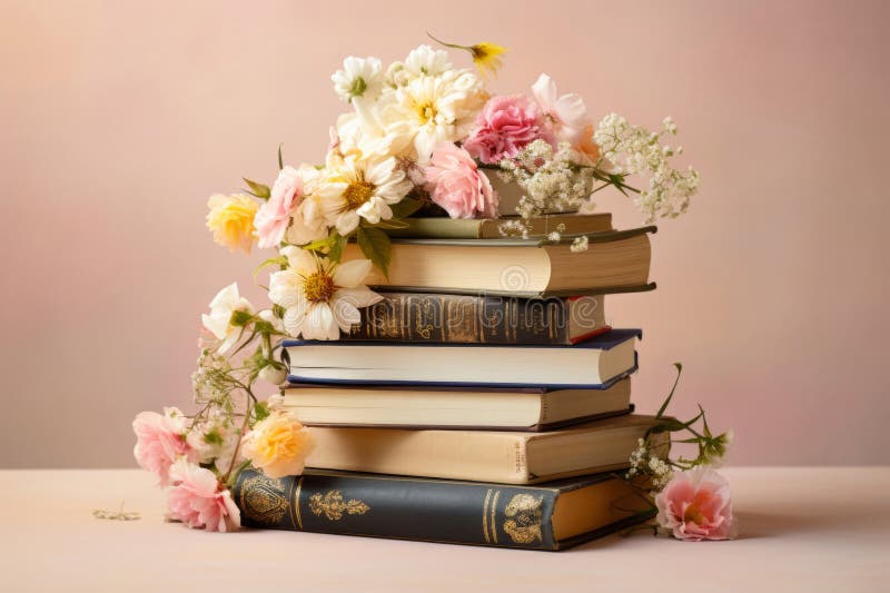 Stack of Books Adorned with Fresh Flowers. Concept of Relaxation and ...