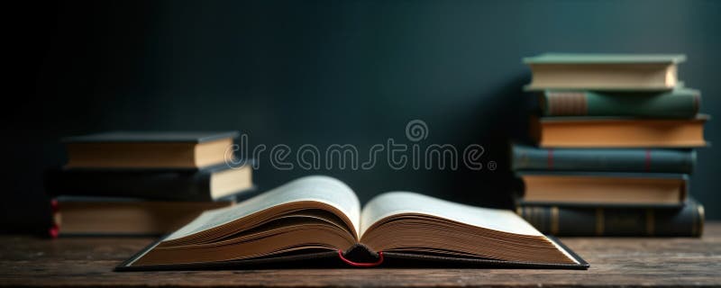 Stack of Books Against Dark Background. Open Book in Foreground ...