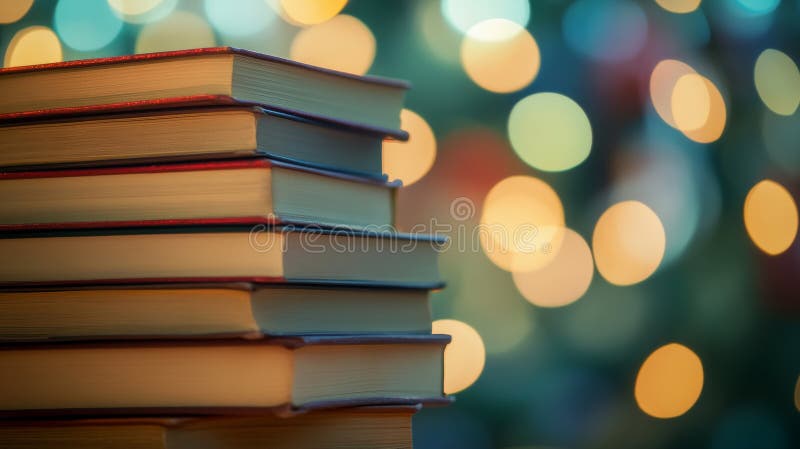 Stack of Books Against Festive Bokeh Lights for Cozy Reading Ambiance ...