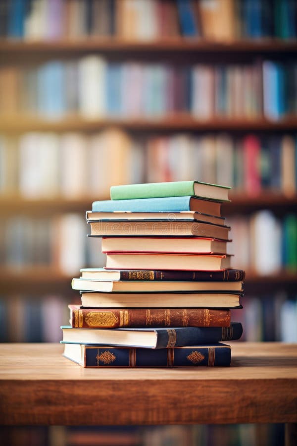 Stack of Books Against Library Background. Generative AI Stock Photo ...