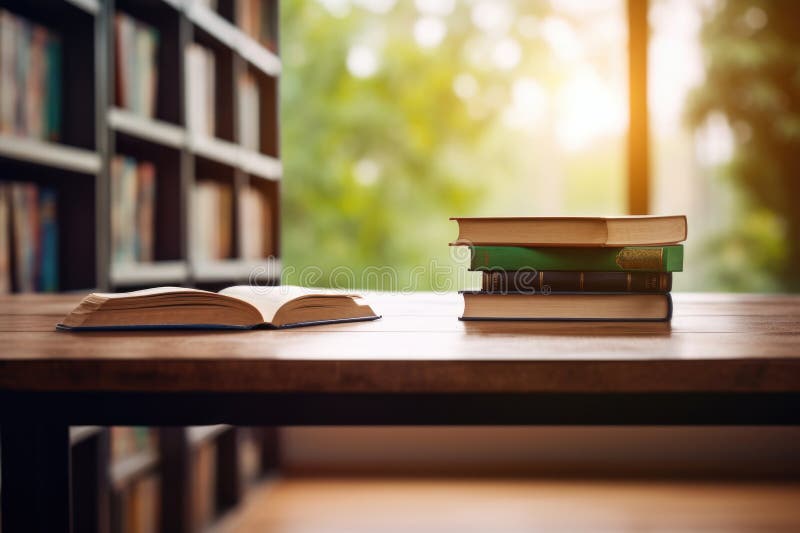 Stack of Books Against Library Background. Generative AI Stock ...
