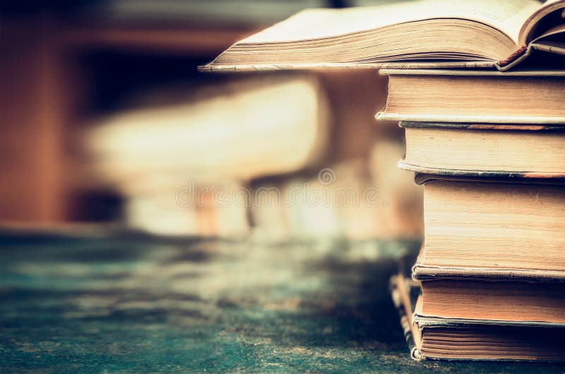 Stack of Books on Aged Table, Close Up, Place for Text Stock Photo ...