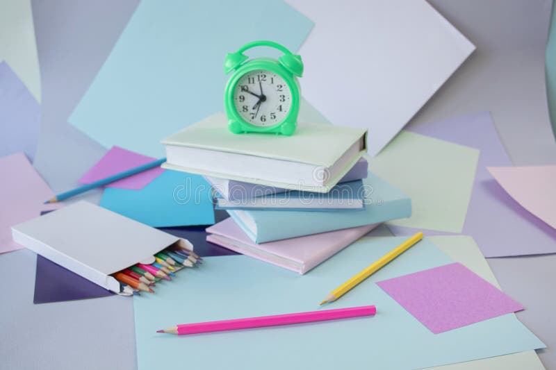 Stack of Books, Alarm Clock, School Supplies and Creative Learning ...