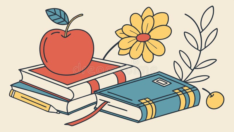 Stack of Books with Apple and Flower, Education, Knowledge Symbol ...