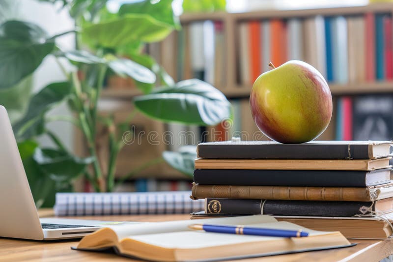 Stack of Books with Apple and Laptop on Wooden Table. Education Concept ...