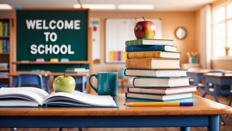 Stack of Books and Apple Sitting on Desk in Classroom Welcoming ...