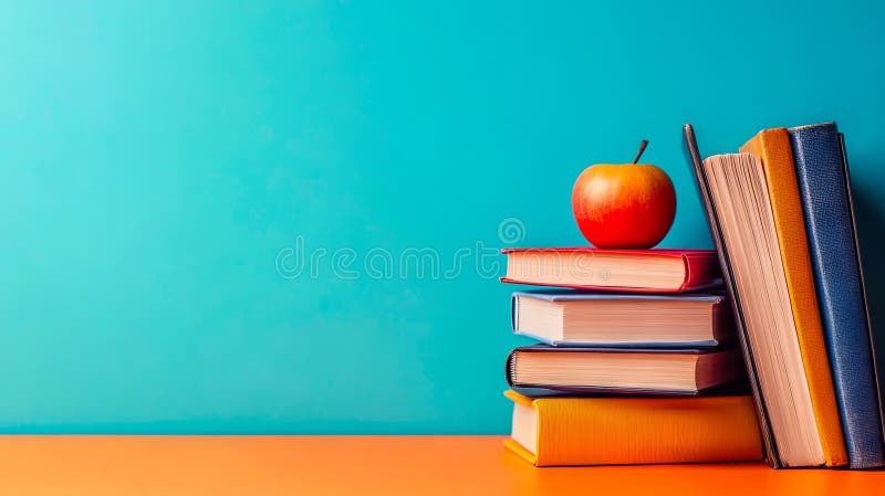 A Stack of Books and an Apple Sitting on Top of Each Other Stock Image ...