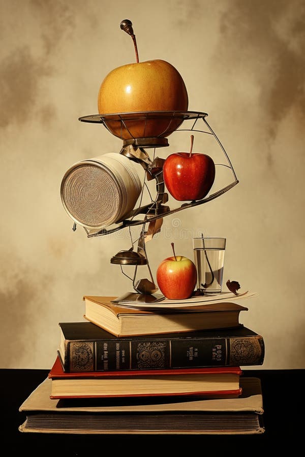 A Stack of Books with an Apple on Top of it. Surreal Still Life. Stock ...