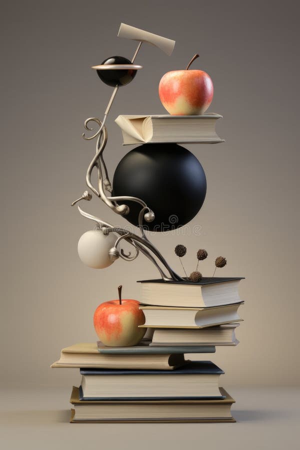 A Stack of Books with an Apple on Top of it. Surreal Still Life. Stock ...