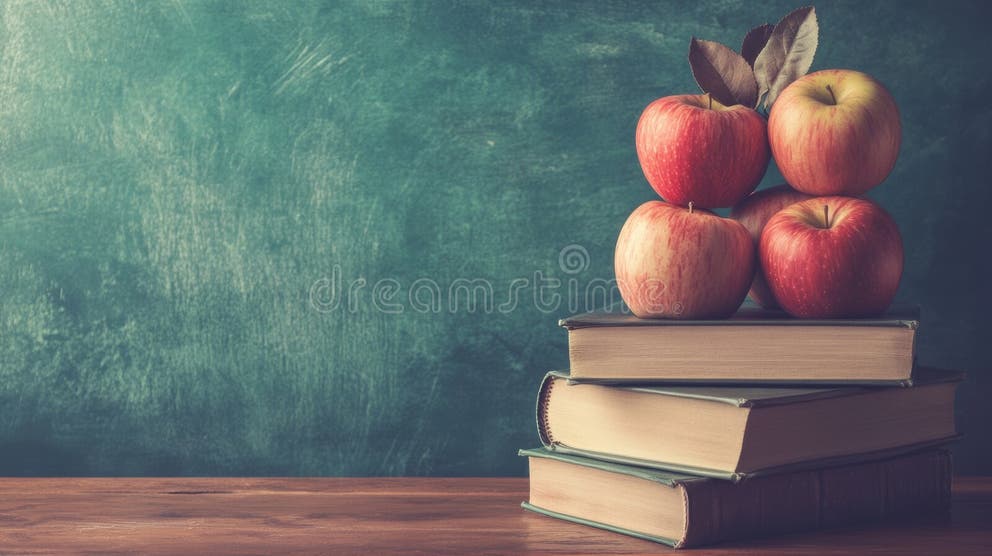 A Stack of Books with Apples on Top and a Green Wall Behind, AI Stock ...