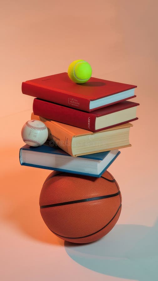 Stack of Books with Basketball and Tennis Racket in Still Life Scene ...