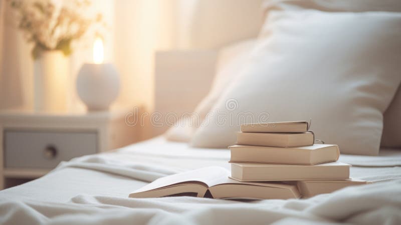 A Stack of Books on a Bed in Front of an Open Window, AI Stock ...