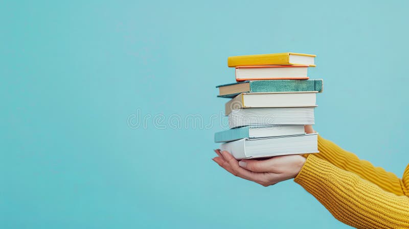 A Stack of Books is Being Held by a Pair of Female Hands Against a Blue ...
