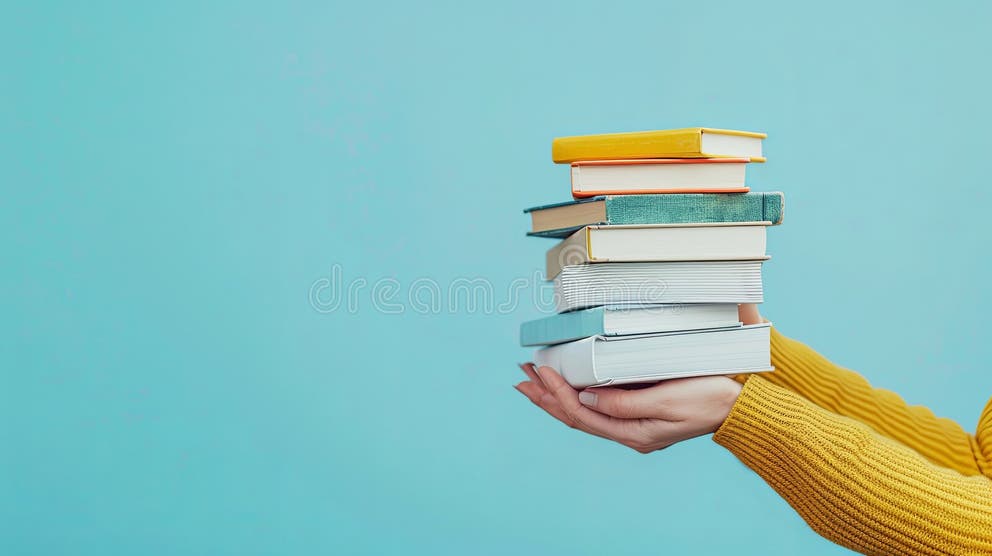 A Stack of Books is Being Held by a Pair of Female Hands Against a Blue ...