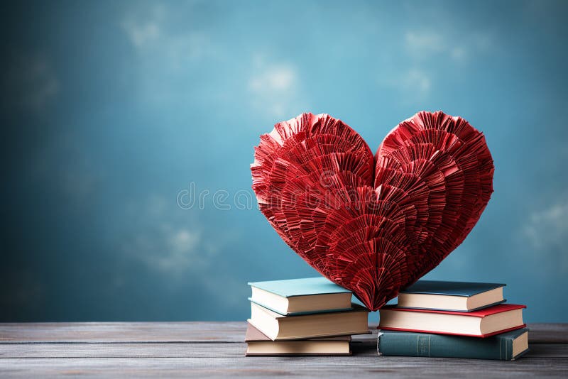A Stack of Books and a Big Red Heart on a Blue Background. Copy Space ...