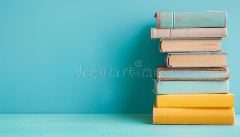 Stack of Books on Blue Background with Copy Space. Pile of Closed Books ...