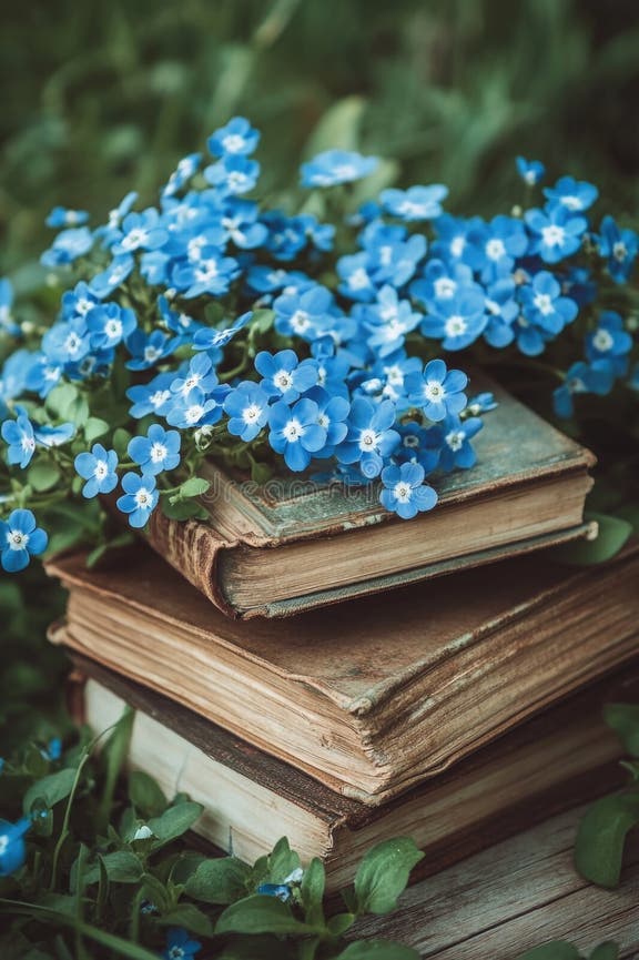 Stack of Books with Blue Flowers on Top, Ideal for Literary or ...