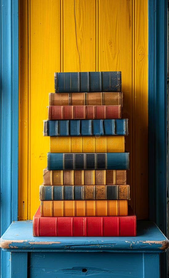 Stack of Books on Blue Shelf. a Stack of Books Sits on a Blue Shelf in ...