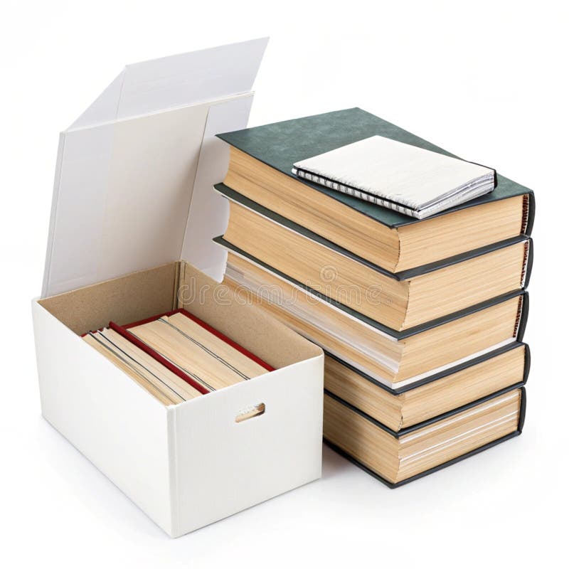 Stack of Books with a Box of Papers Isolated on White Background Stock ...