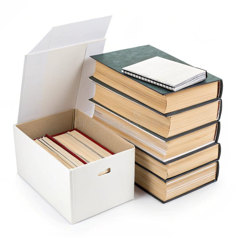 Stack of Books with a Box of Papers Isolated on White Background Stock ...
