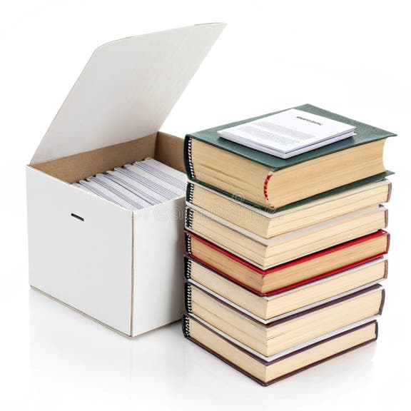 Stack of Books with a Box of Papers Isolated on White Background Stock ...