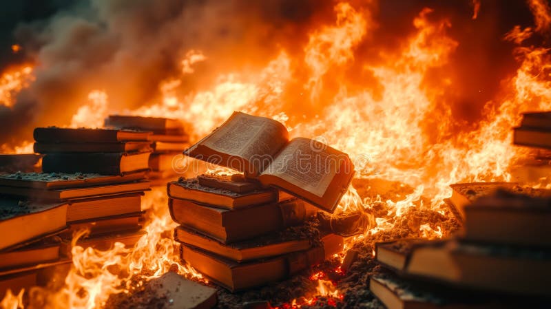 A Pile of Books Sitting on Top of a Pile of Fire Stock Photo - Image of ...
