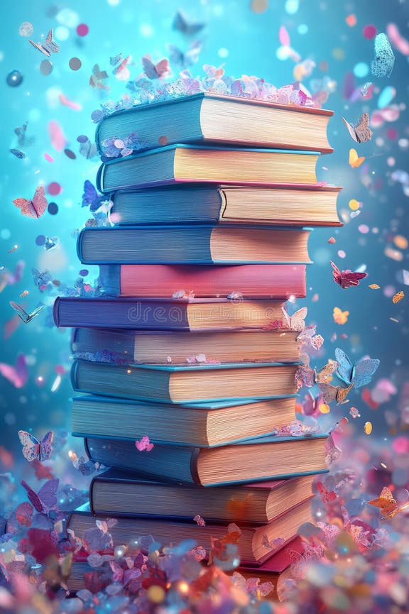 Stack of Books with Butterflies and Confetti Stock Illustration - Illustration of tale, pink ...
