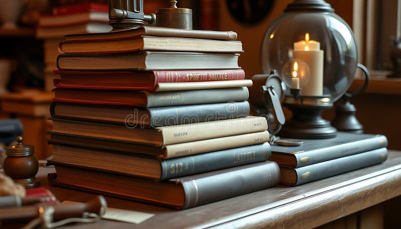 Stack of Books with Candle and Lamp, Reading and Cozy Study Environment ...
