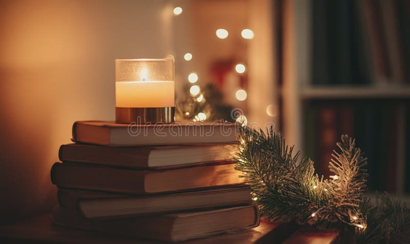 A Stack of Books with a Candle on Top Stock Photo - Image of season ...