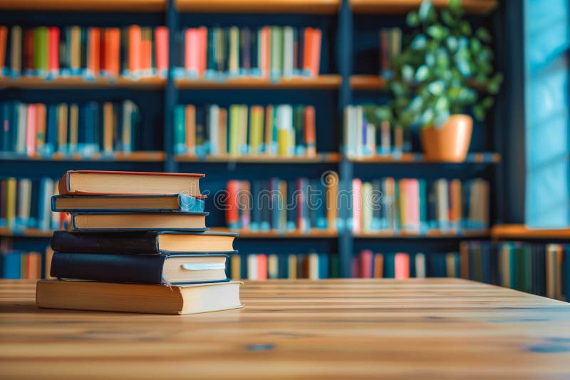 Stack of Books and Cantovars on Wooden Table and Blurred Bookshelf in ...