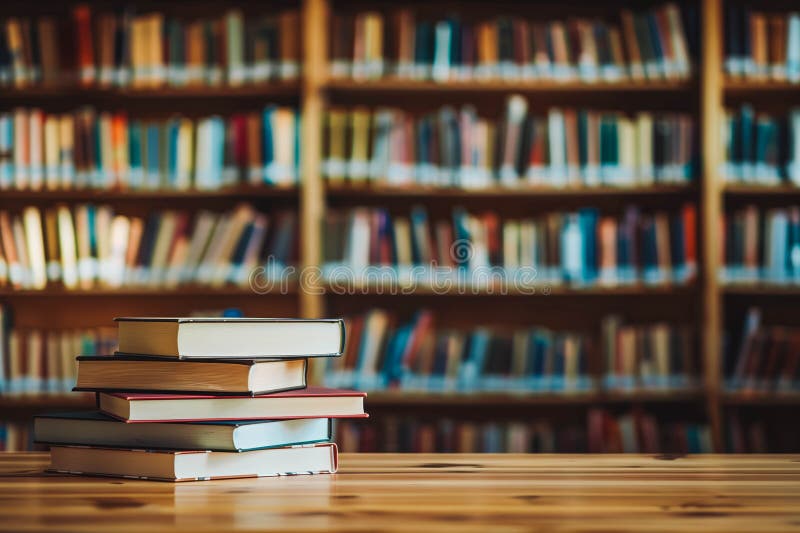 Stack of Books and Cantovars on Wooden Table and Blurred Bookshelf in ...