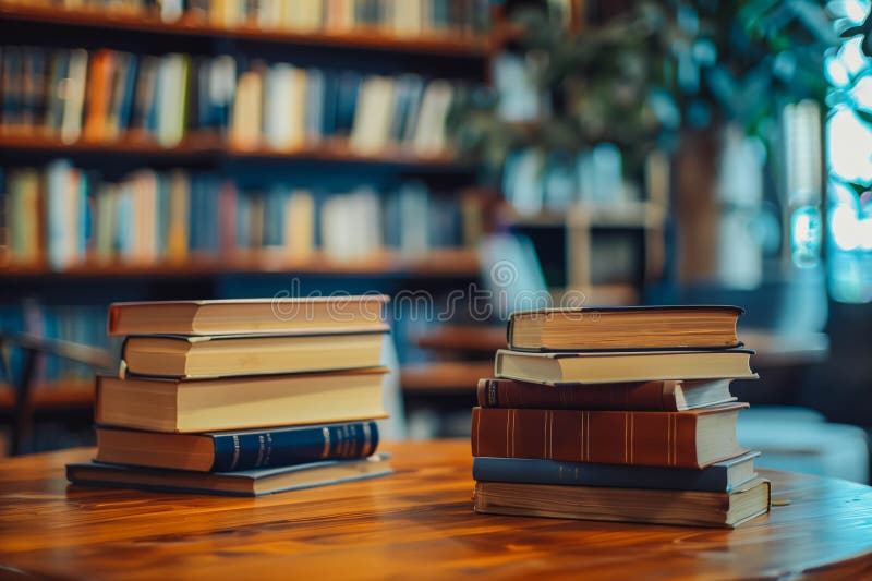 Stack of Books and Cantovars on Wooden Table and Blurred Bookshelf in ...