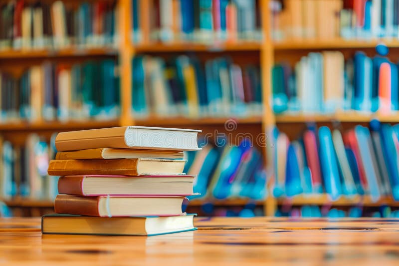 Stack of Books and Cantovars on Wooden Table and Blurred Bookshelf in ...