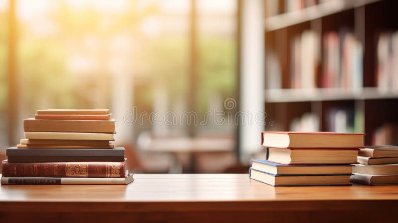 Stack of Books and Cantovars on Wooden Table and Blurred Bookshelf in ...